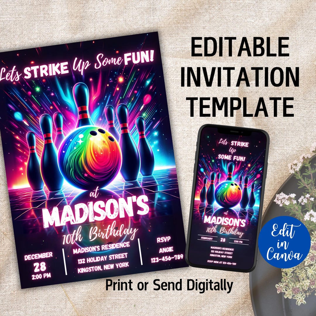 Bowling Birthday Party Invitation, Bowling Party Invite for Girls ...