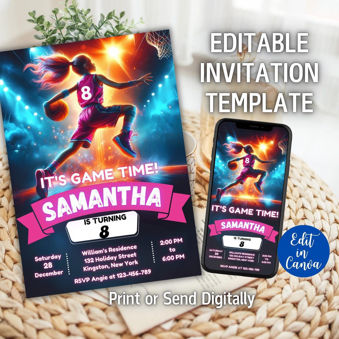 Editable Girls Basketball Birthday Invitation, Girl Slam Dunk Party ...