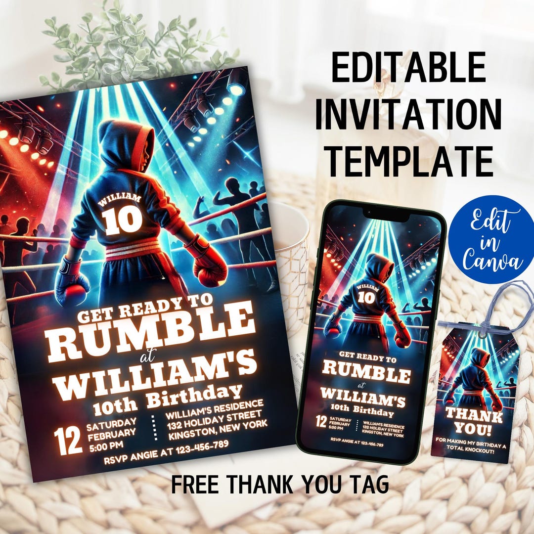 Editable Boxing Birthday Invitation, Sports Theme Party Invite, Tween ...