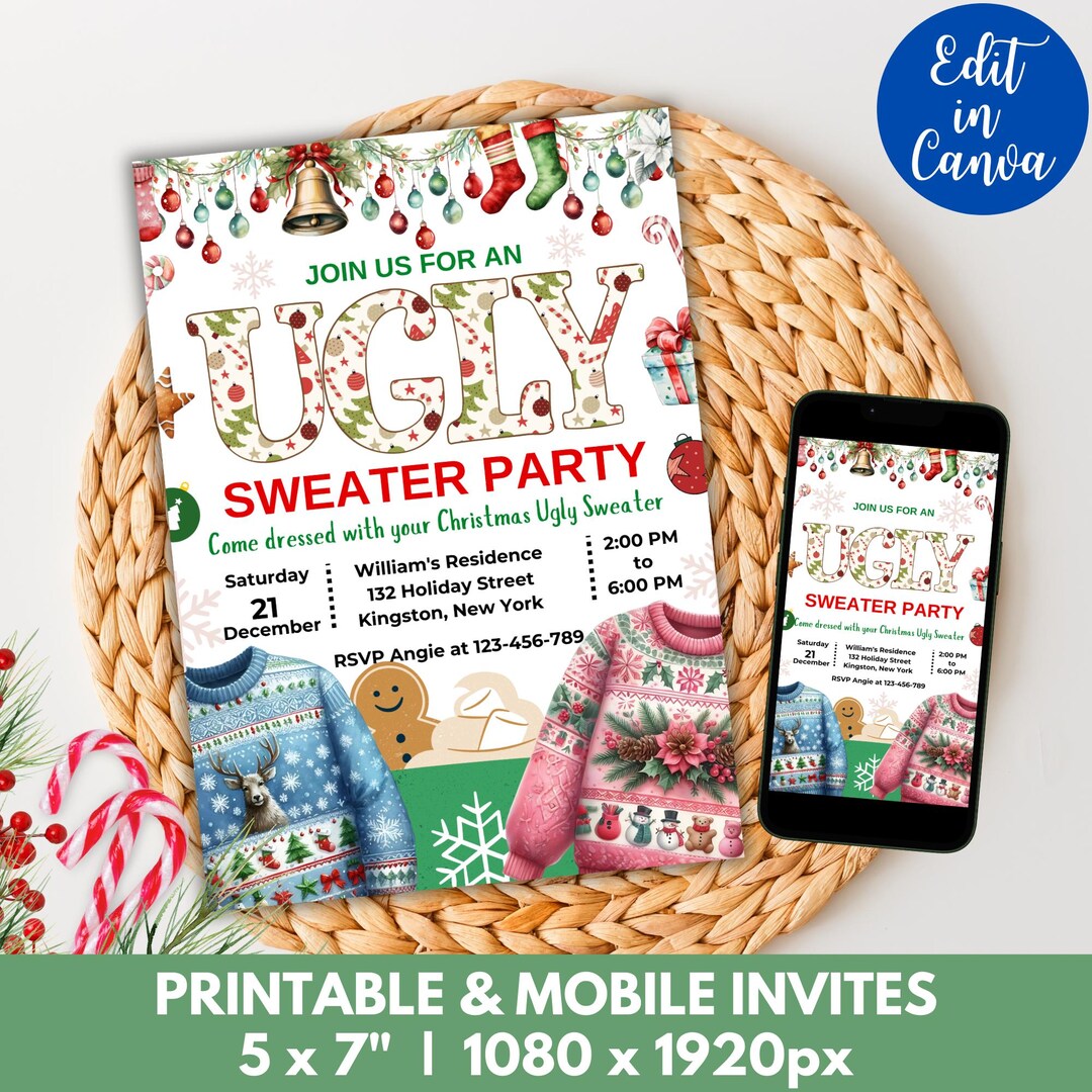 Ugly Sweater Christmas Invitation, Christmas Ugly Pajama Party Invites ...