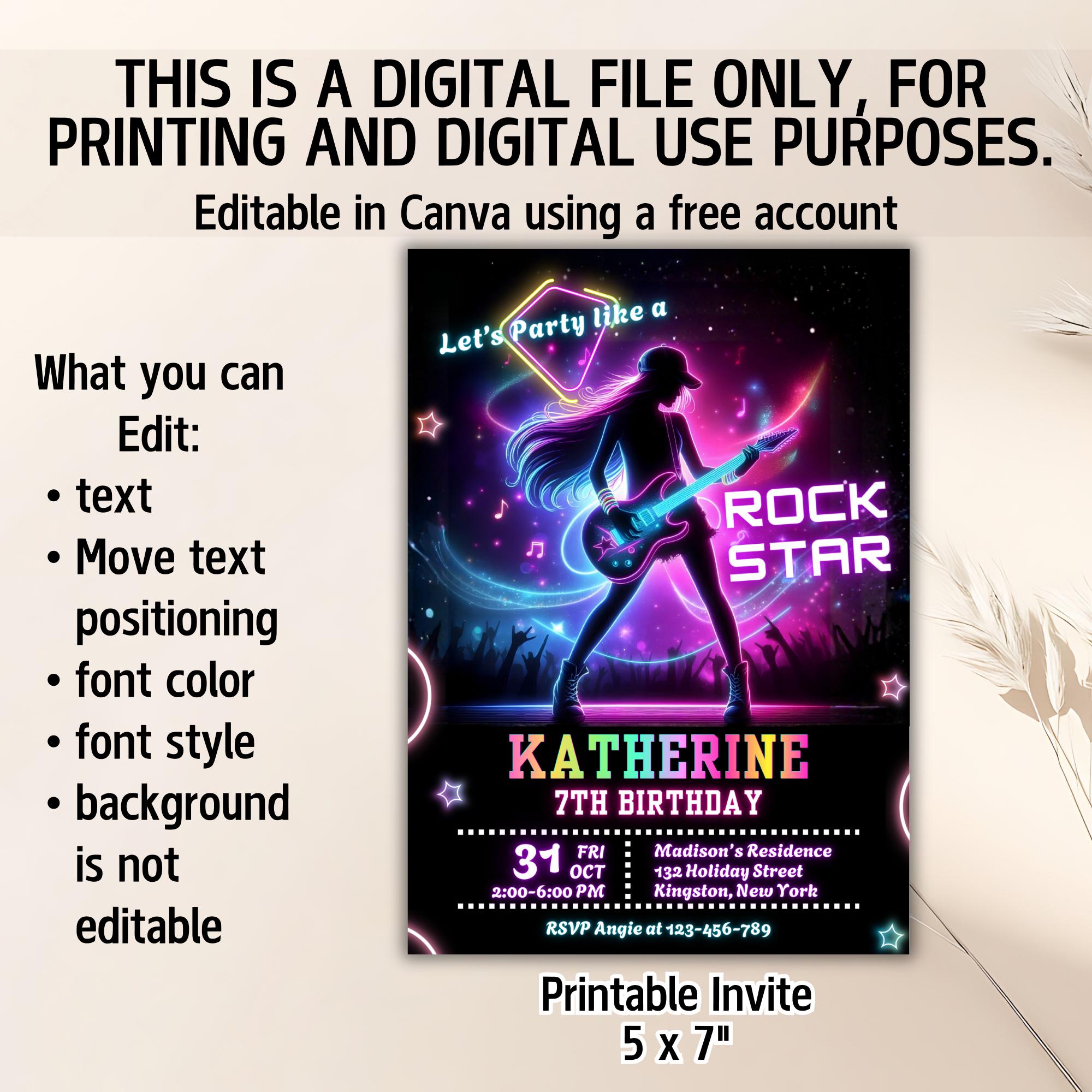 Editable Rock Star Party Invitation, Rock-themed Invite for Girls ...