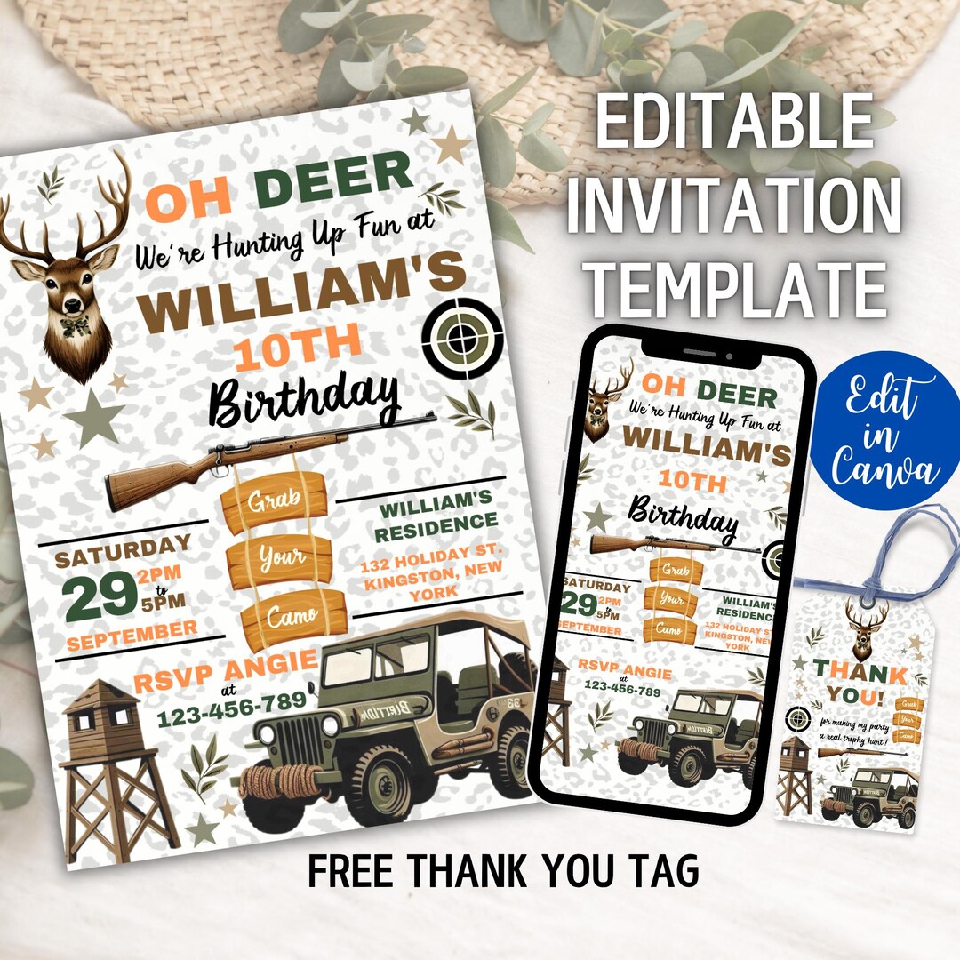 Camo Hunting Birthday Invitation: Editable Deer Hunter Party (canva ...