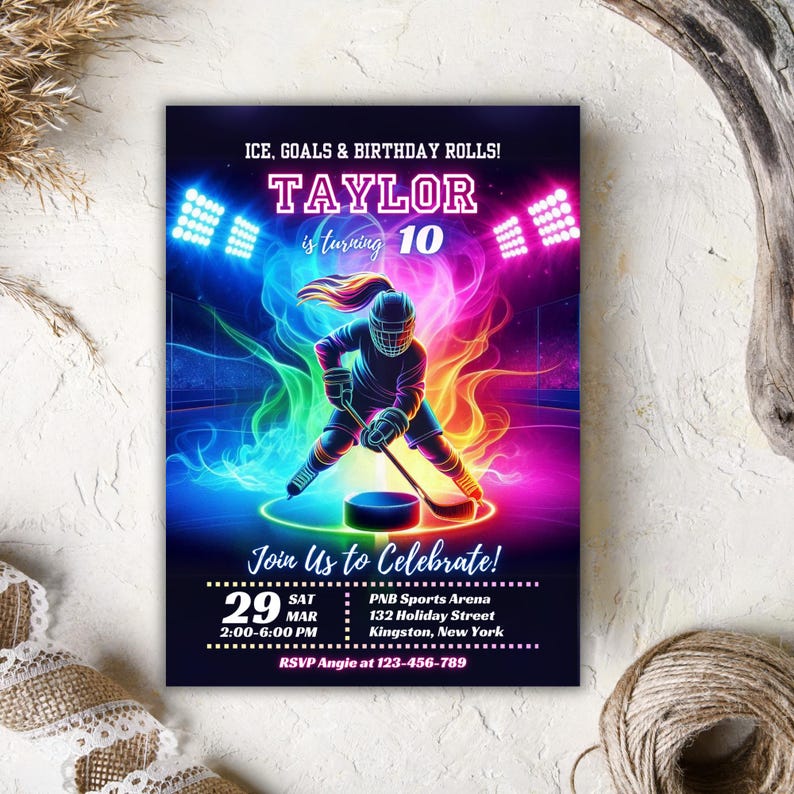 Editable Hockey Party Invitation for Girls, Hockey Birthday Invitation ...