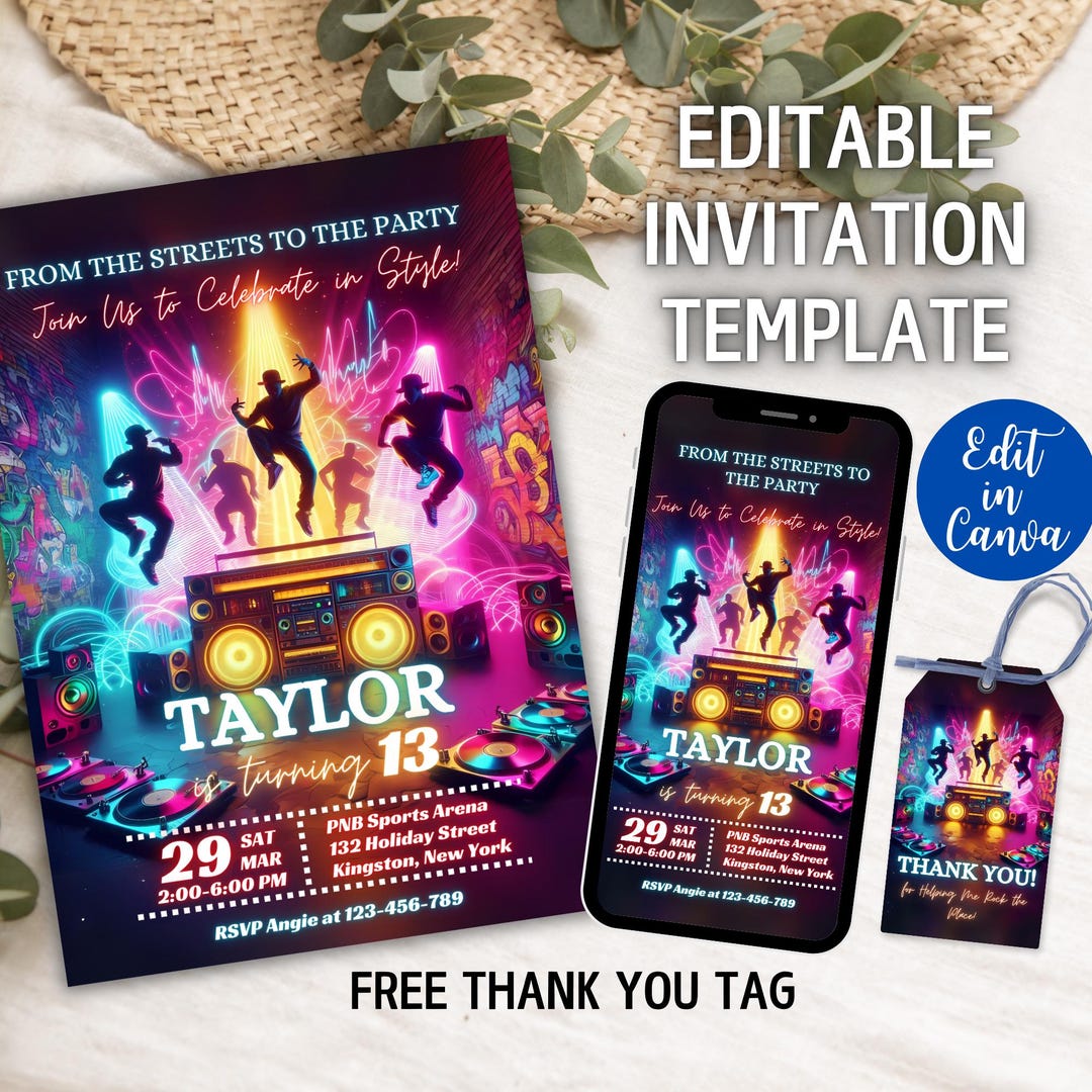 Editable Hip Hop Birthday Invitation, Hiphop Party Invite for Boys ...