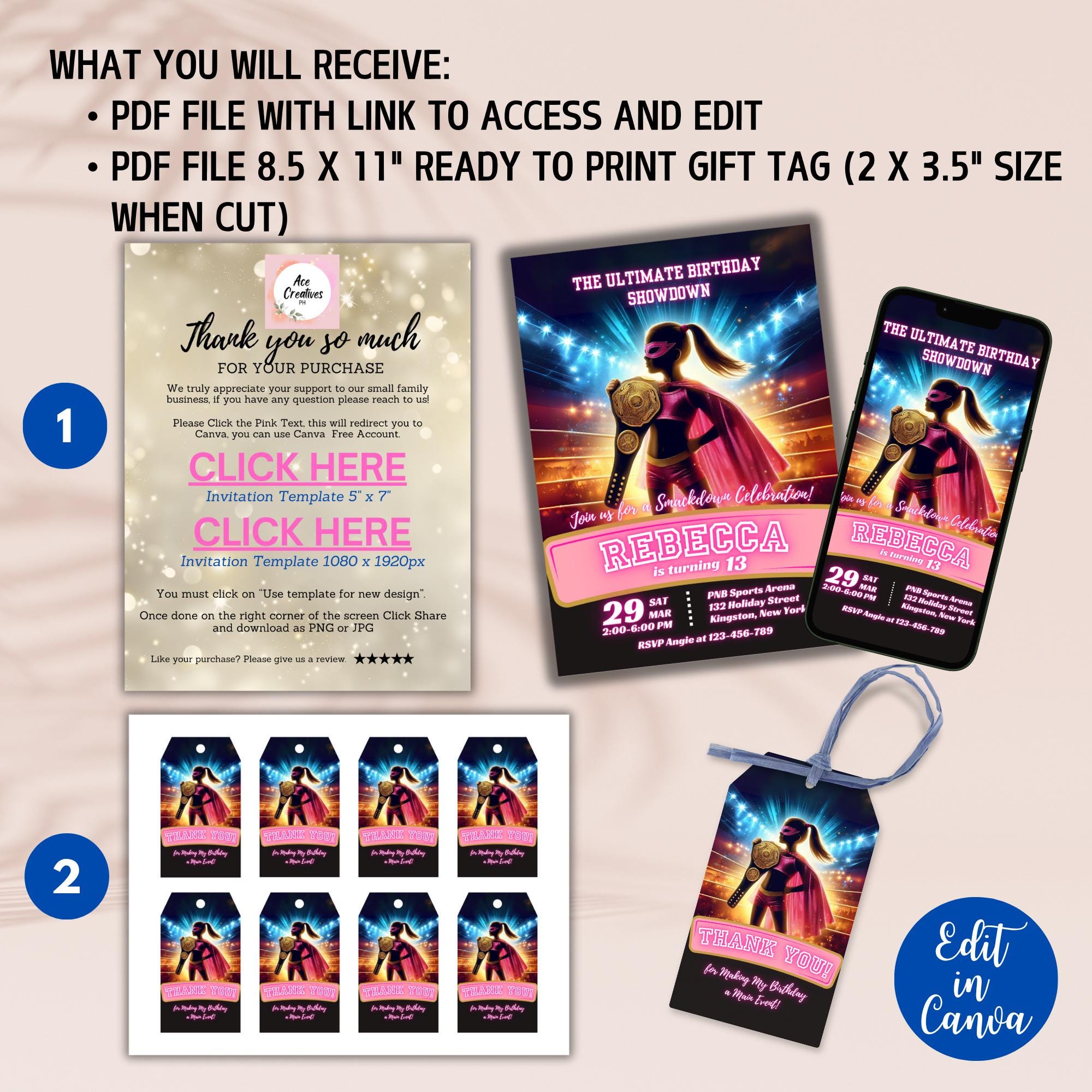 Girls Wrestling Birthday Invitation: Championship Belt, Editable Canva ...
