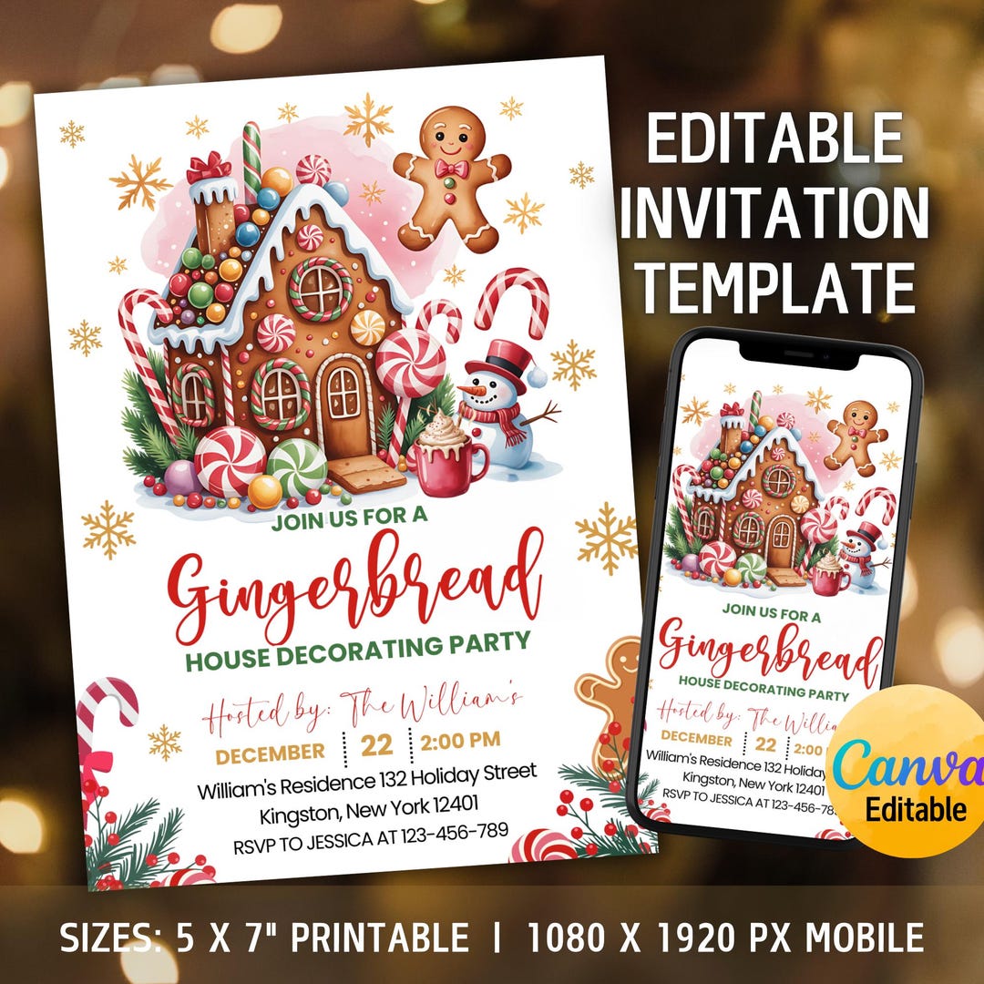 Editable Gingerbread House Decorating Party Invitation, Christmas Canva ...