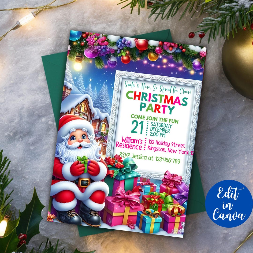 Editable Santa Christmas Party Invites, Winter Wonderland Invites, Gift ...