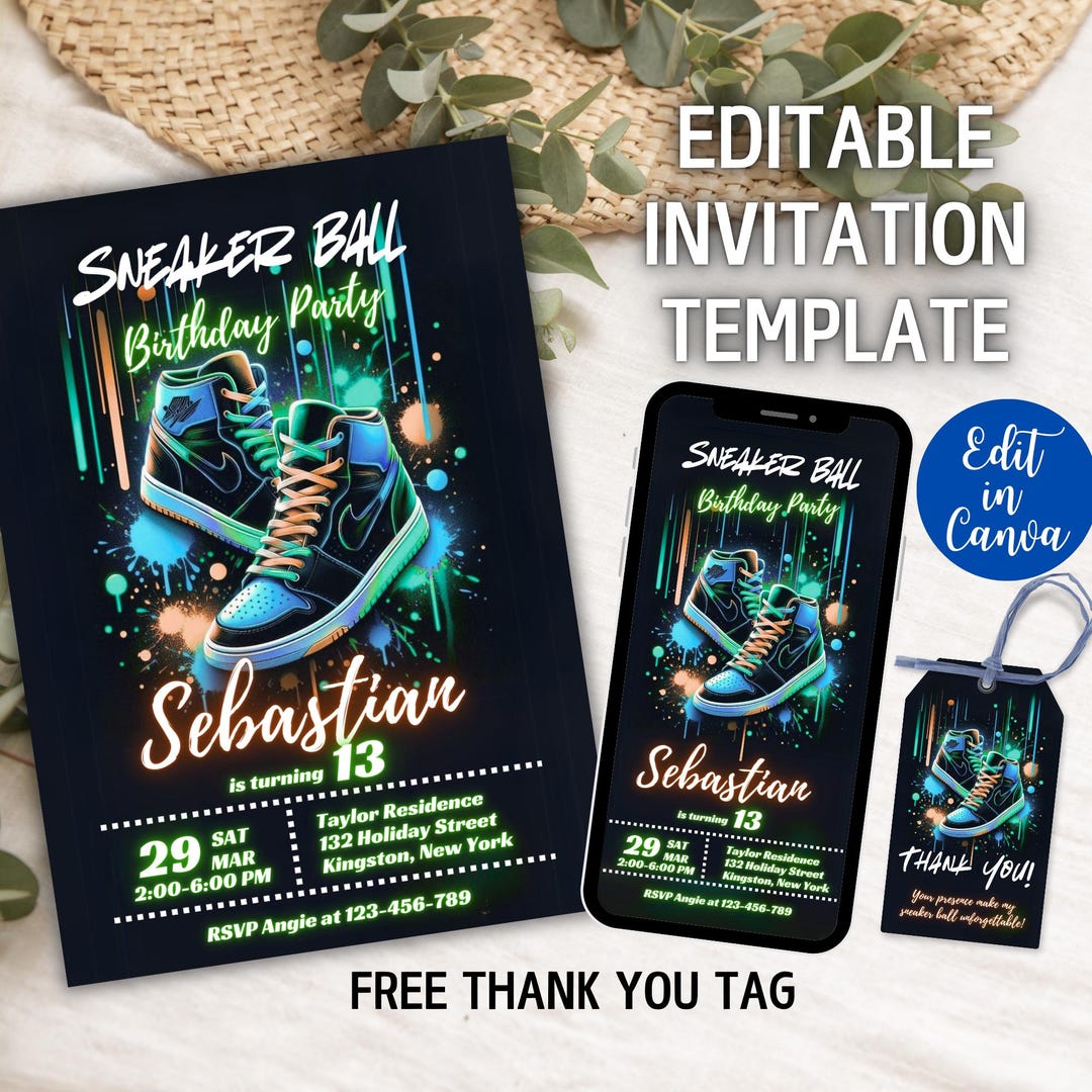 Editable Sneaker Ball Party Invitation, Boys Sneakers Birthday ...
