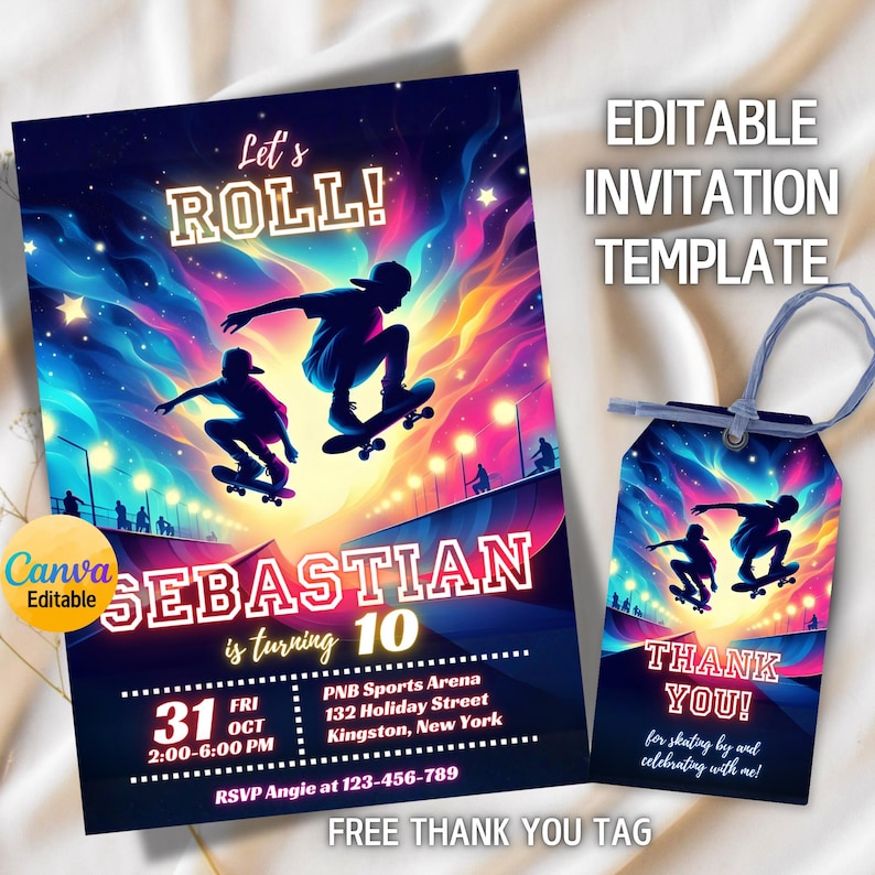 Editable Skateboard Birthday Invitation, Skateboarding Party Invitation ...