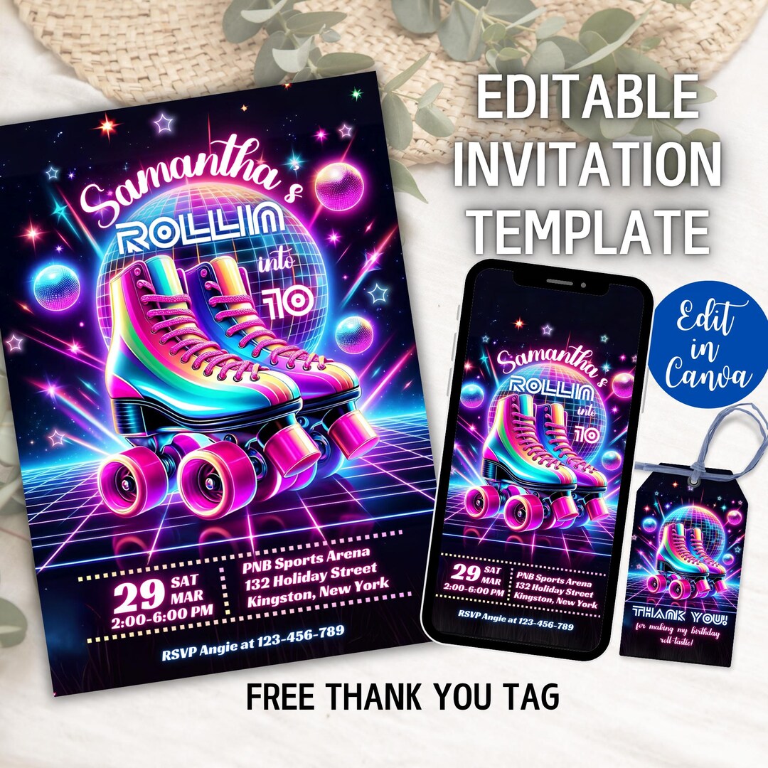 Editable Pink Retro Neon Roller Skating Birthday Invitation: Editable ...