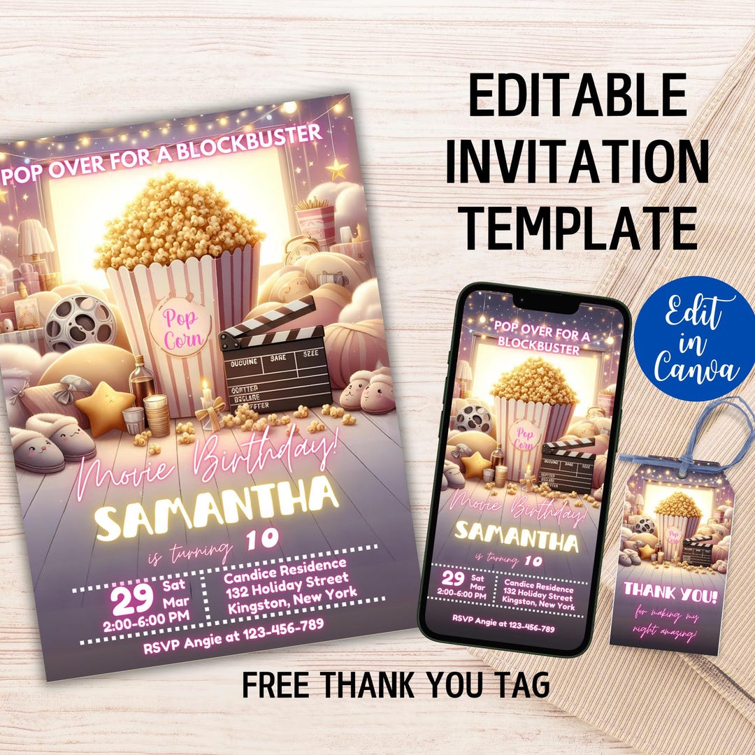 Editable Movie Night Birthday Party Invitation, Movie Party Invitation ...