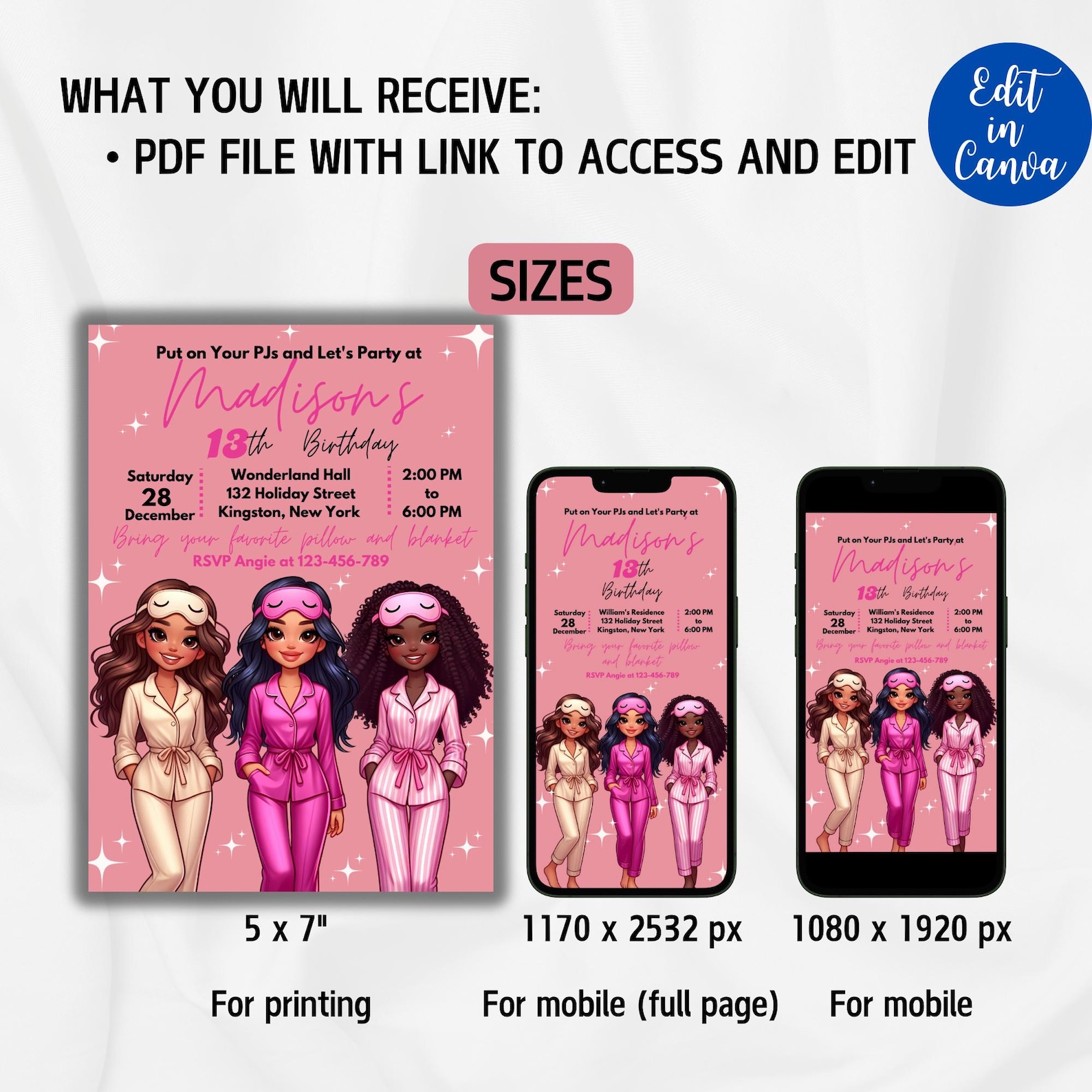 Editable Pajama Birthday Party Invitation: Girls Sleepover, Slumber ...