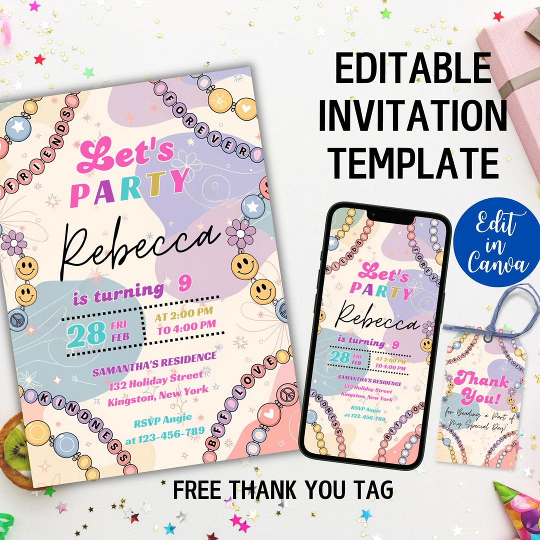 Editable Friendship Bracelet Birthday Invitation, Beaded Party Invite ...