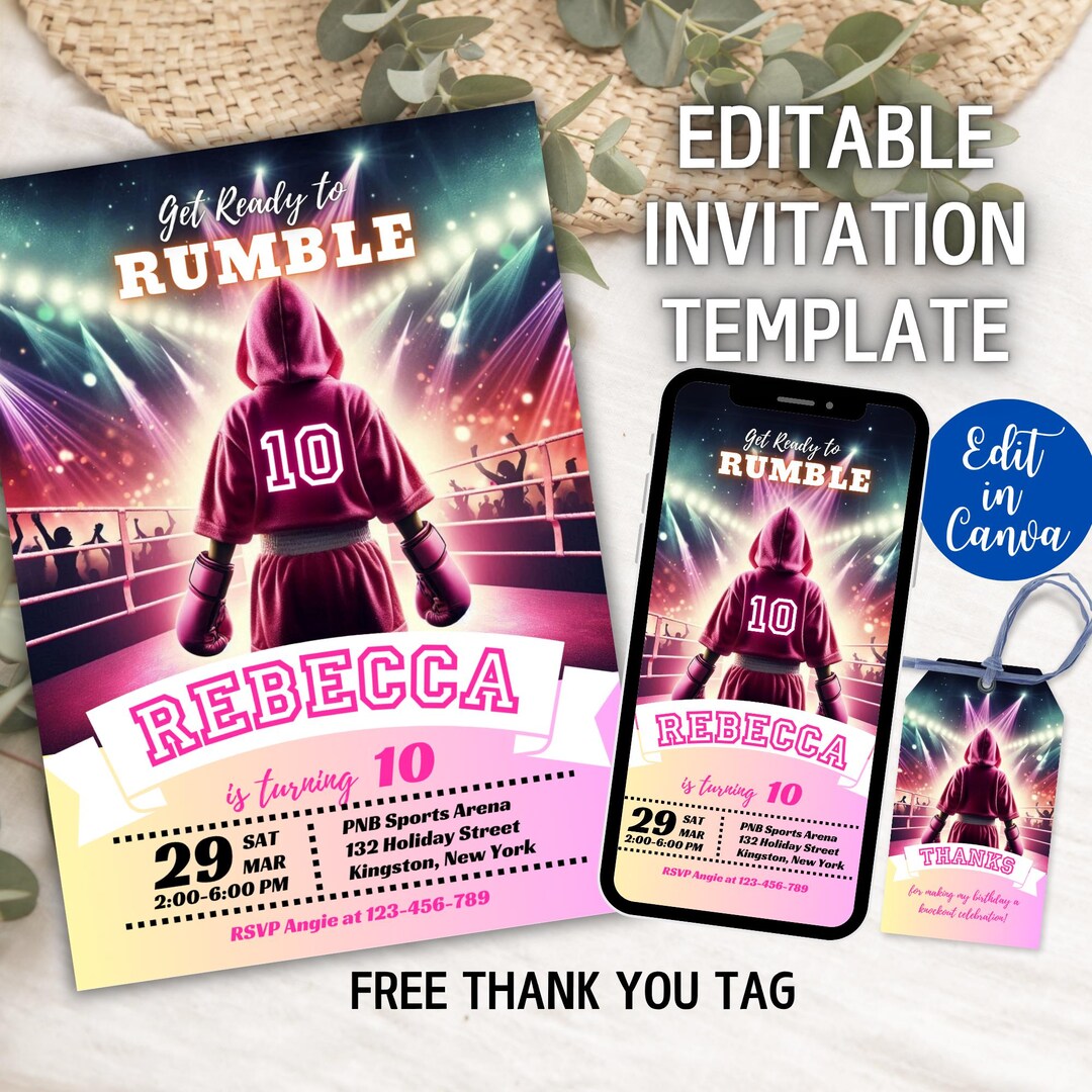 Editable Girls Boxing Party Invitation, Boxing Birthday Invite ...