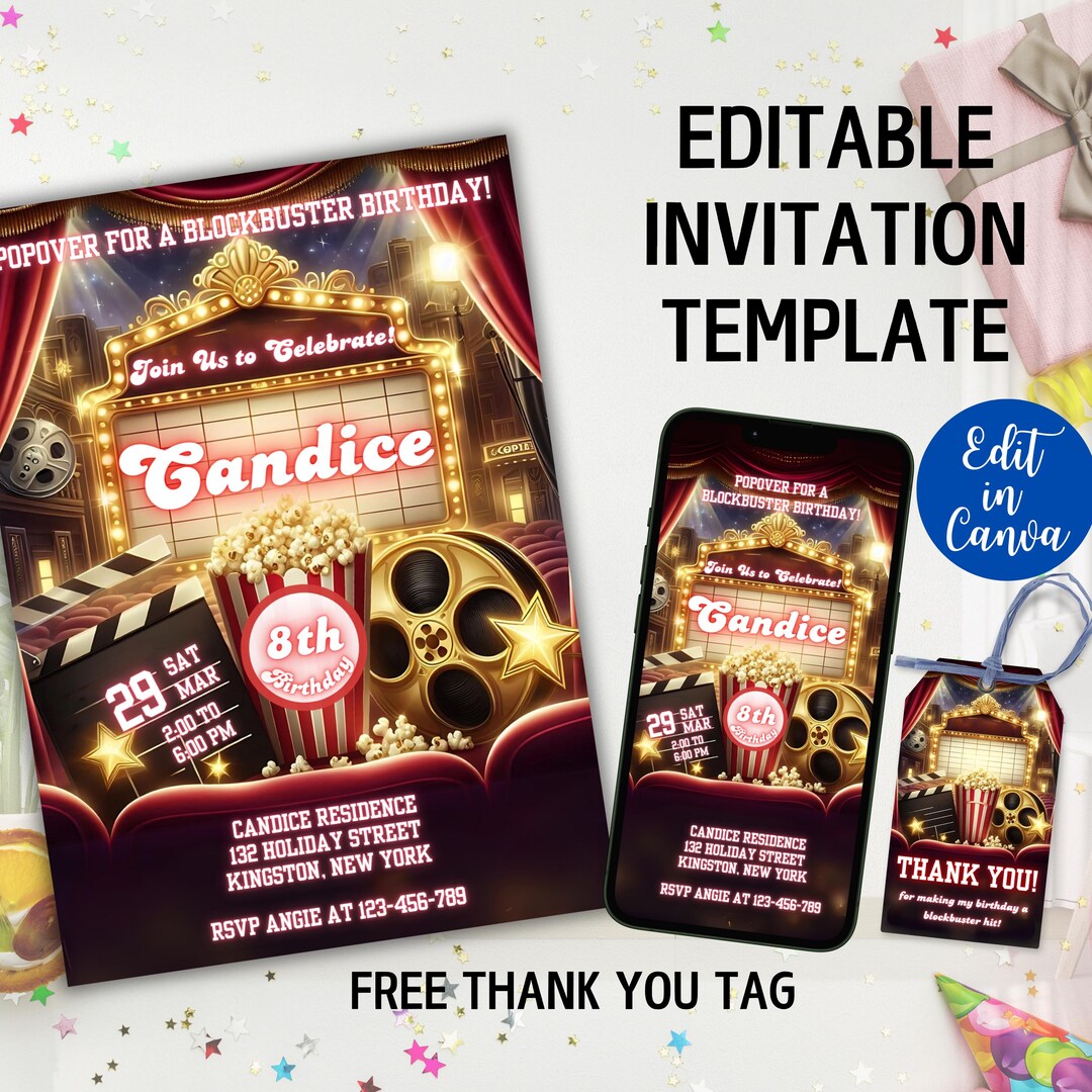Editable Movie Theater Birthday Invitation, Movie Birthday Party ...