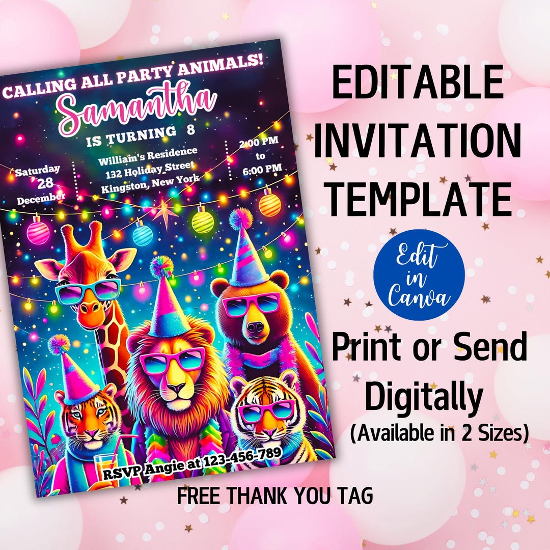 Editable Party Animals Birthday Invitation, Jungle Theme Party Invite ...