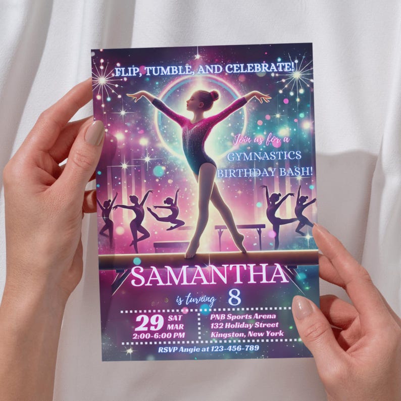 Gymnastics Birthday Party Invitation, Gymnastics Girls Tumbling Party ...