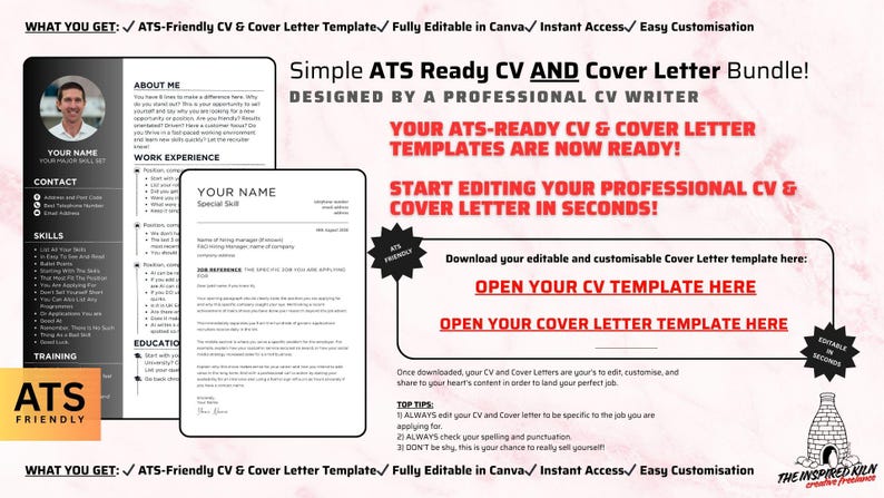 ATS CV Template and Cover Letter Bundle | Editable Canva Resume Set ...