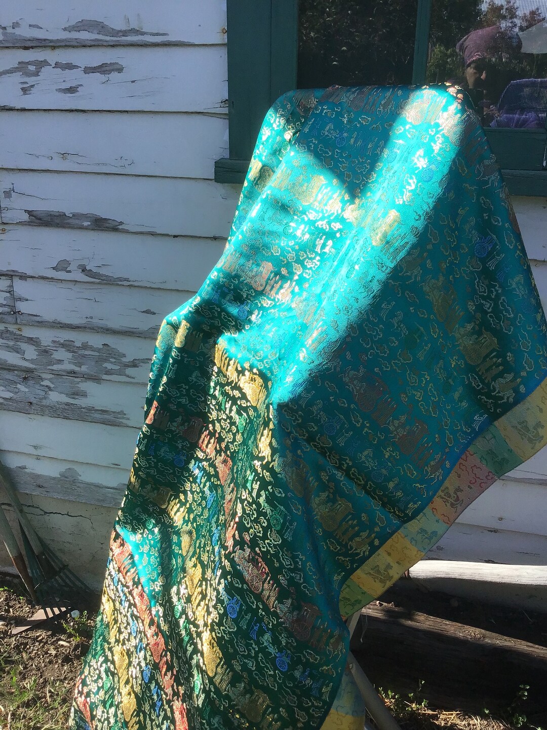 Vintage Silk Brocade Fabric: Asian Horse Drawn Carts, Green/blue - Etsy