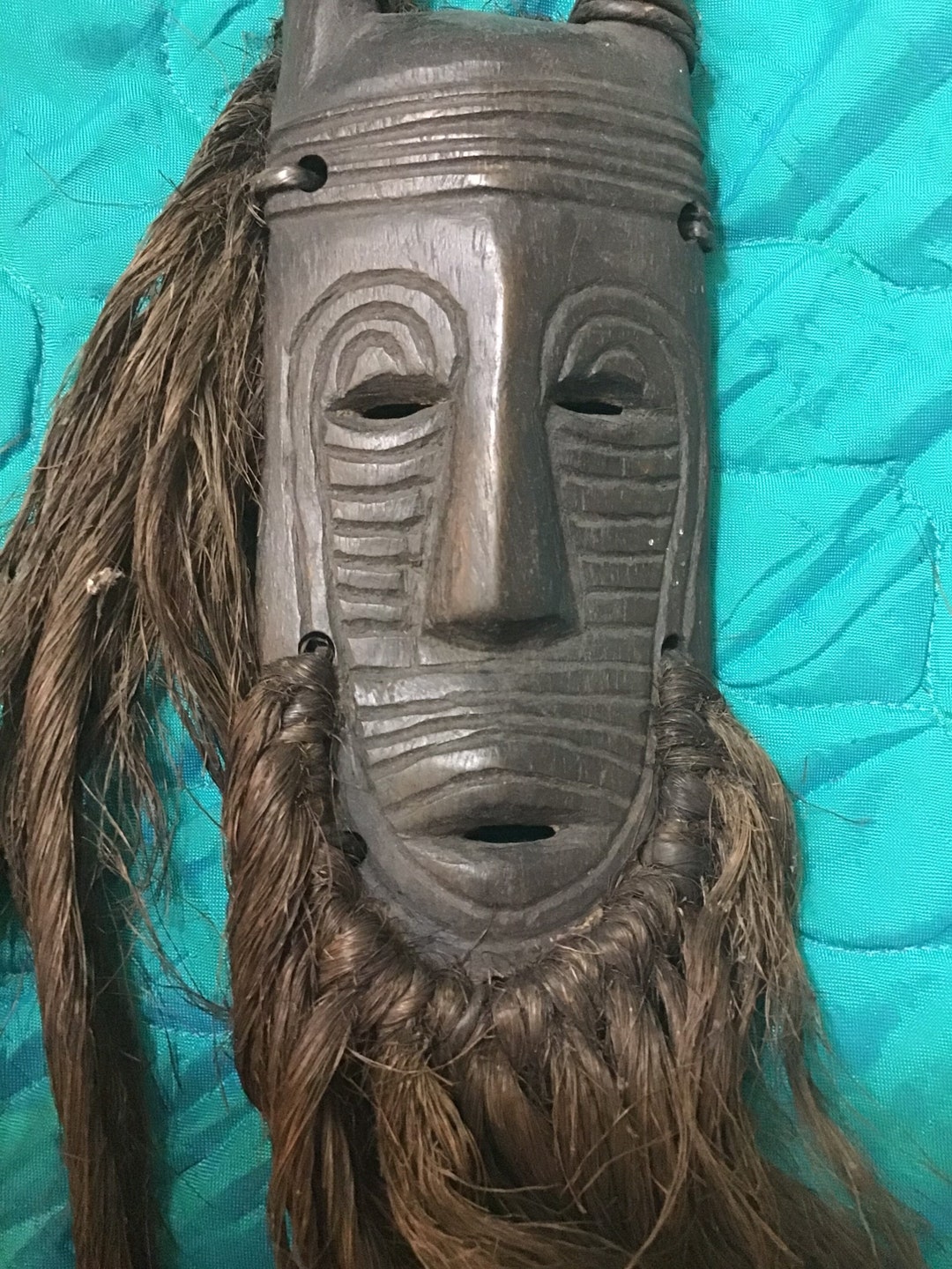 Vintage African Tribal Mask With Hair Small Carved and - Etsy