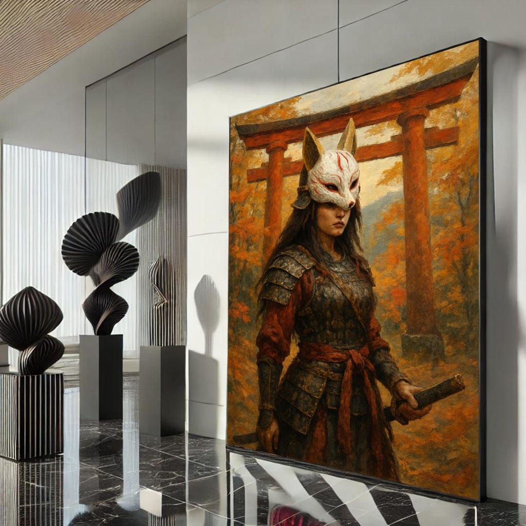 Warrior Woman in Samurai Armor Canvas Wall Art Print Rustic Living Room ...