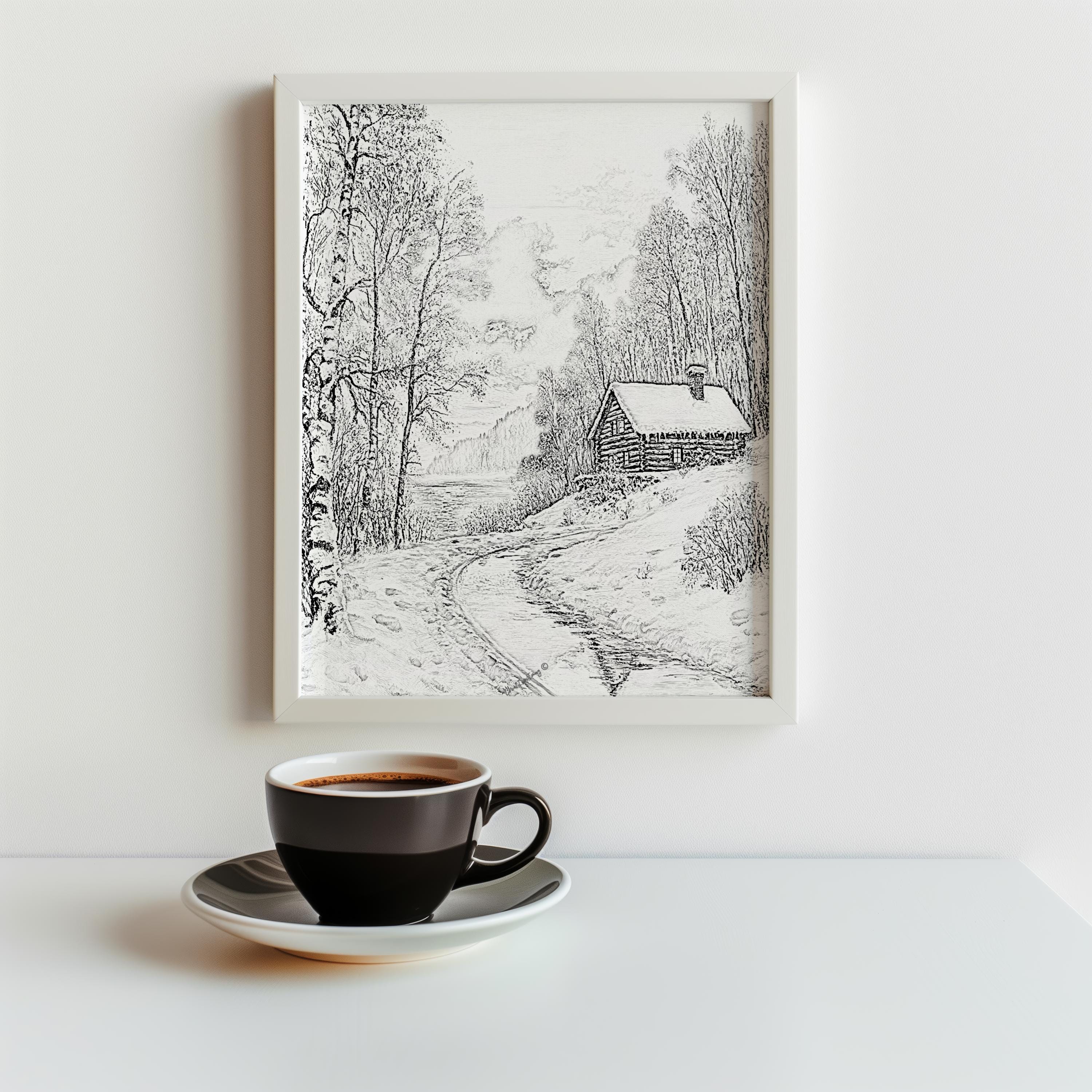 Rustic Pencil Sketch Wall Art Print ,winter Landscape, Vintage ...
