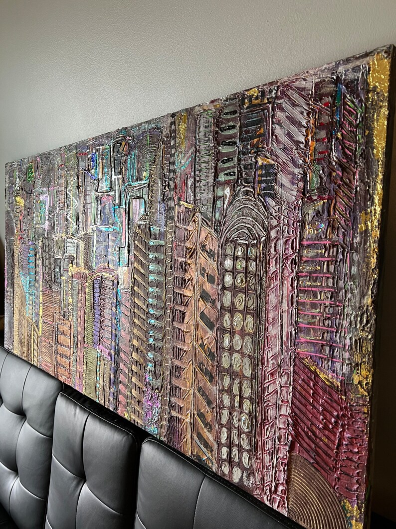 Textured City Painting Large Landscape 24x48 Multicolored Canvas, City ...