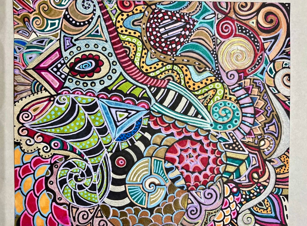 Abstract Original 9x7 Paper, Ink, Marker, Paint Colorful Lines Shapes ...