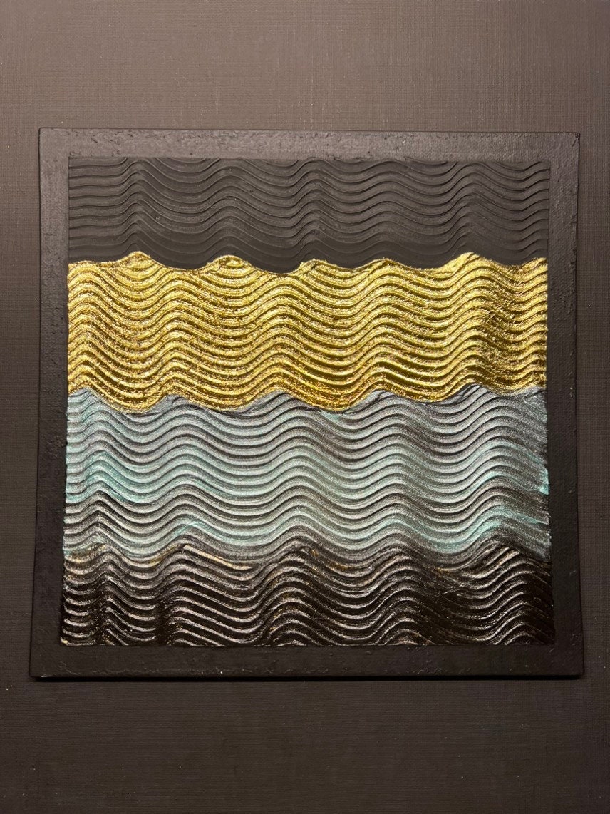 Black Textured Art, Plaster Canvas Panel 10x10, Black, Gold, Blue ...