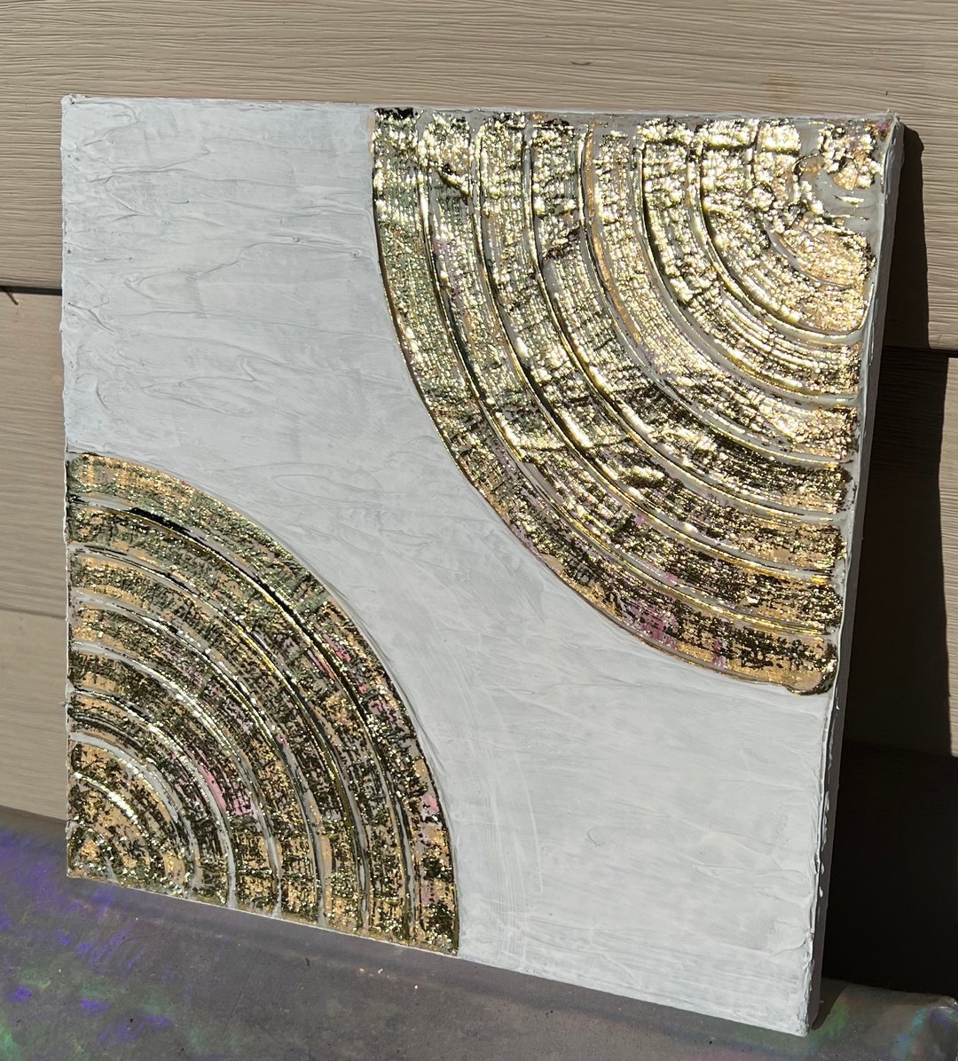 Plaster White Textured Canvas, Gold Leaf Circles Pattern, 8x8 Stretched ...