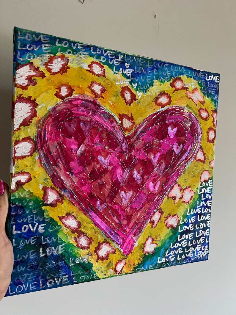 Heart Original Abstract Acrylic Painting, Iridescent Colorful Love ...