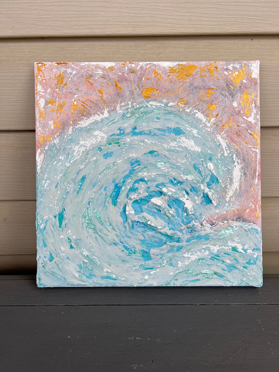 Ocean Wave Textured Painting on Canvas, 12x12 Acrylic Art, Blue, Gold ...