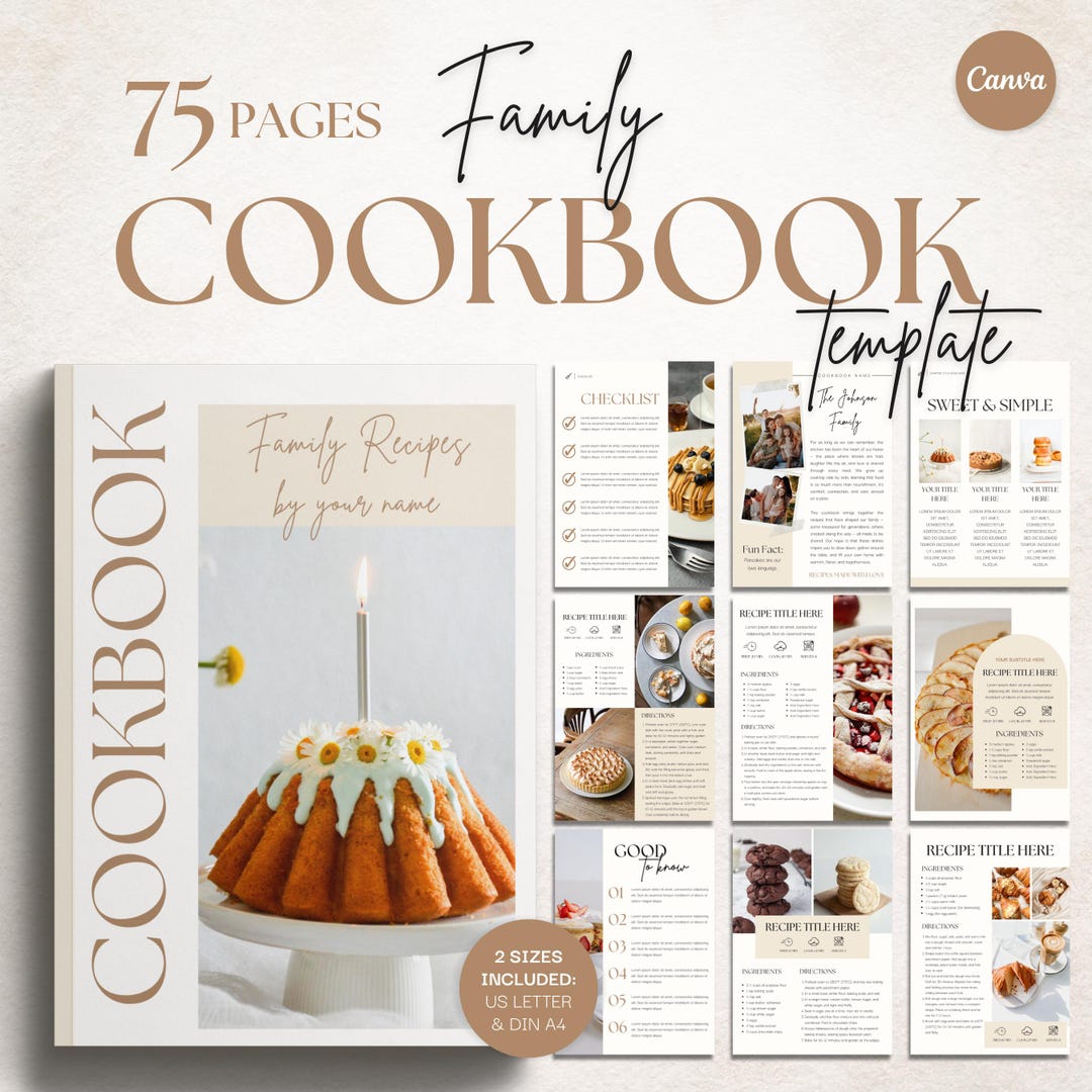 Recipes Book Template: 75 Page Digital & Custom Family Cookbook ...