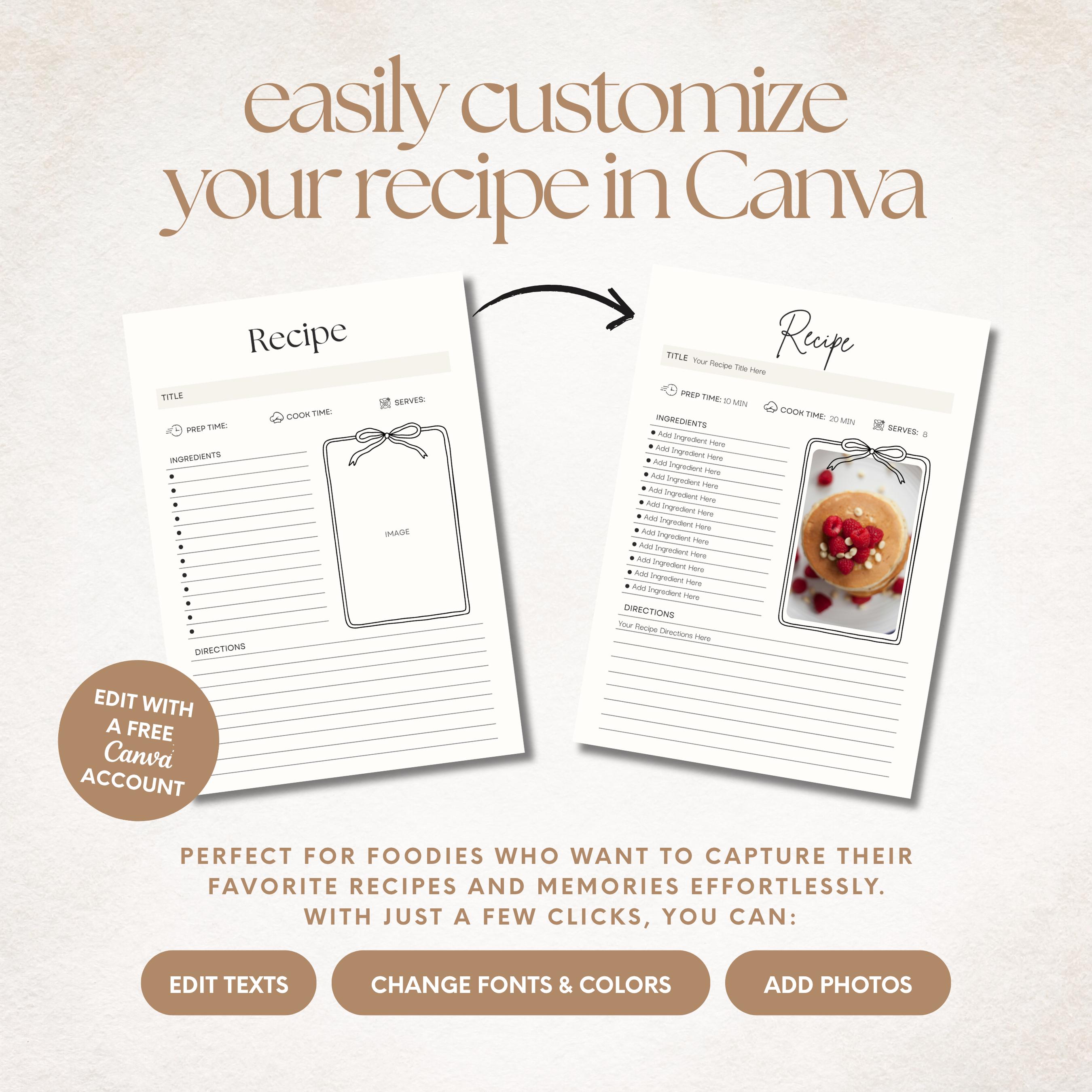 Recipe Card Template: Printable Recipe Sheet for Cooking (canva) - Etsy