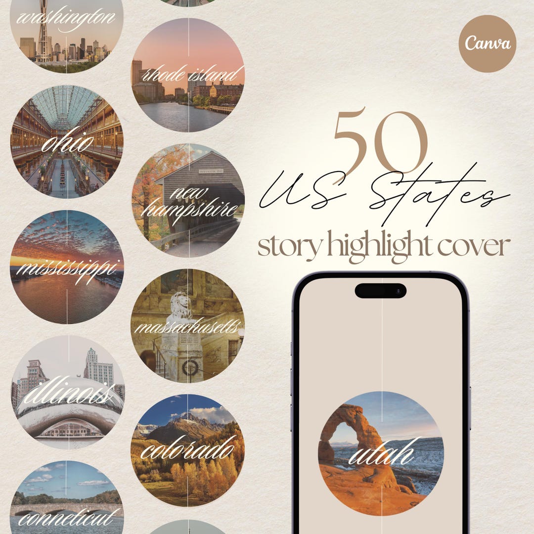 USA Travel Instagram Story Highlight Covers: 50 US States Icons (canva ...