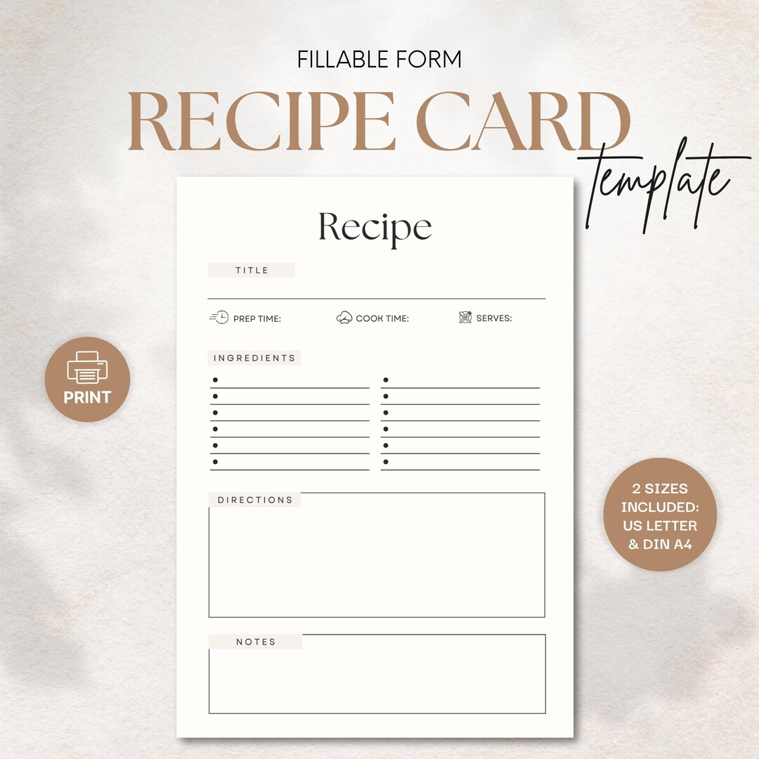 Printable Recipe Card Template: Fillable PDF, A4 & US Letter - Etsy