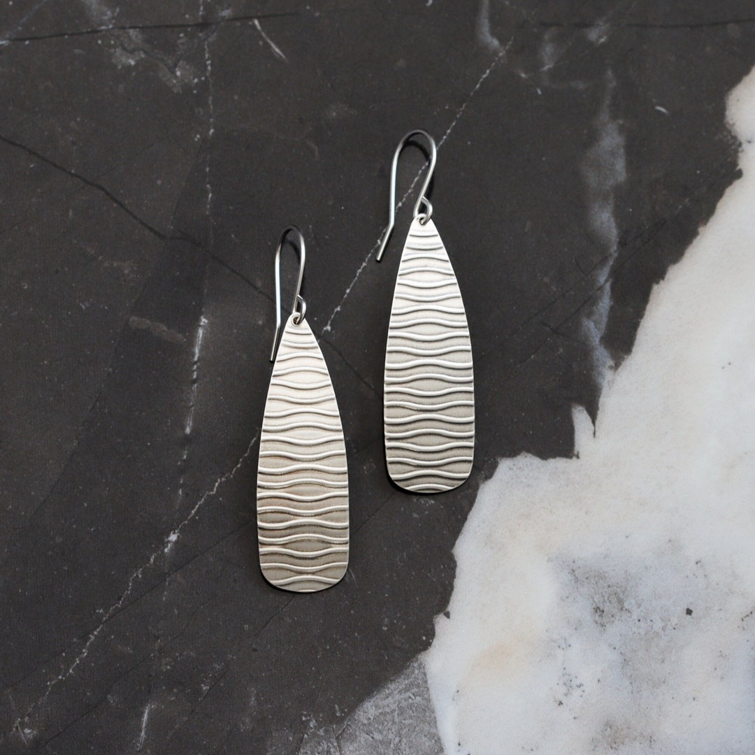 Textured Silver Earrings in a Long Drop Shape With a Wavy Pattern ...