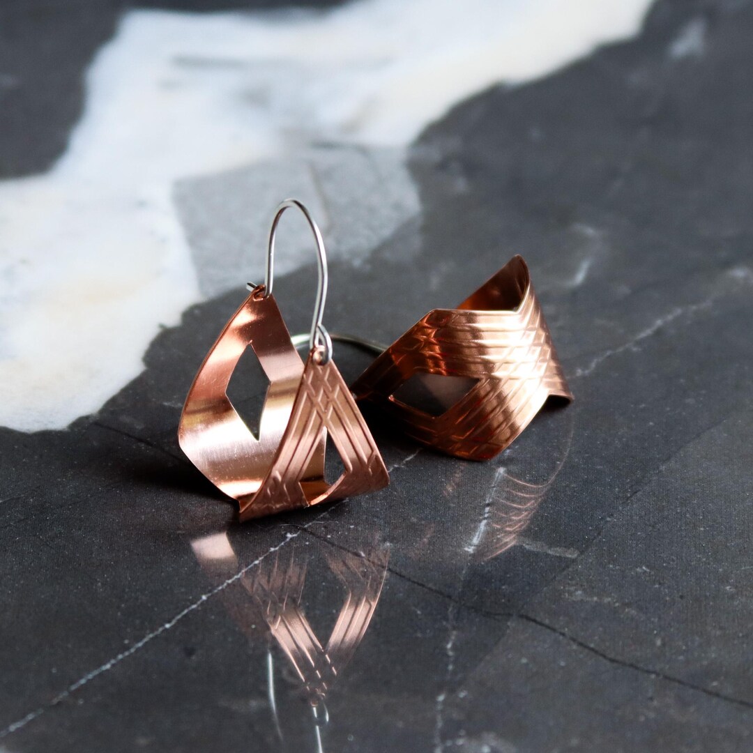 Unique Geometric Pair of Copper Earrings Crossover Between a Hoop and U ...