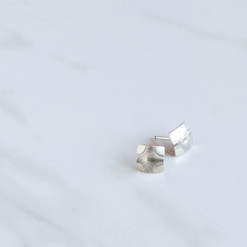 Tiny Sterling Silver Studs Modern Square Domed Shape Embossed | Etsy