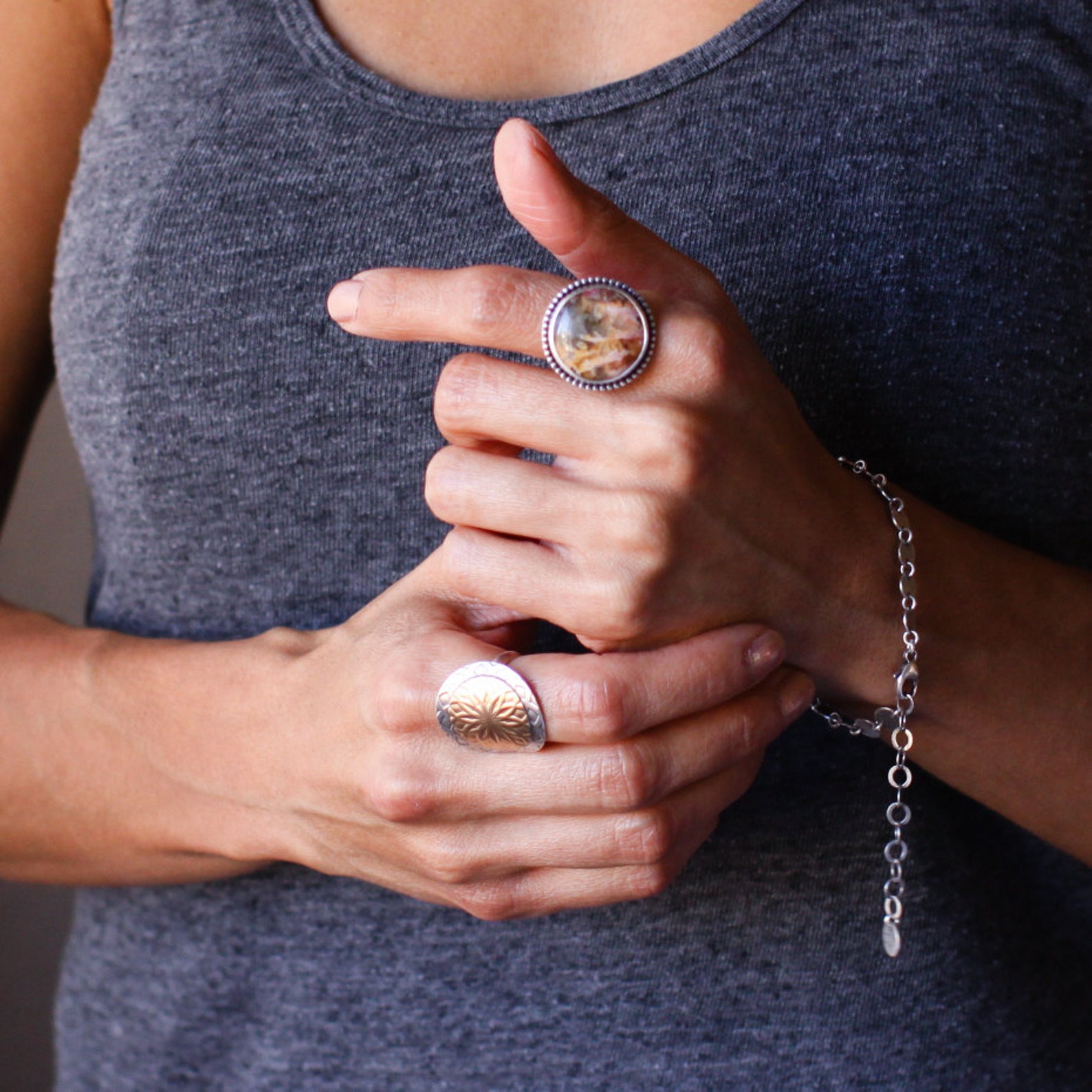 Modern silver ring handmade with round brass and sterling | Etsy