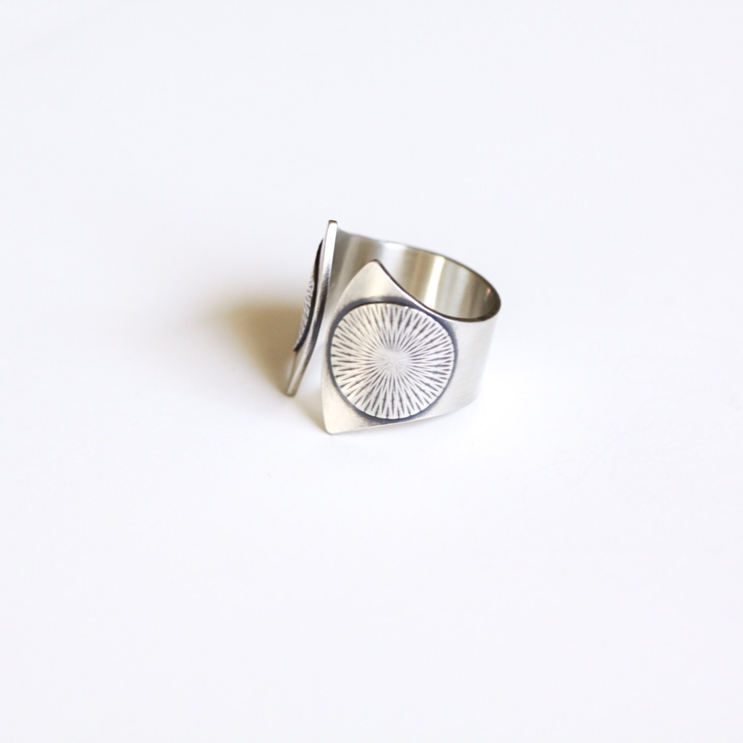 Wide Band Silver Ring With a Sun Solar Motif and a Dual Fluted - Etsy