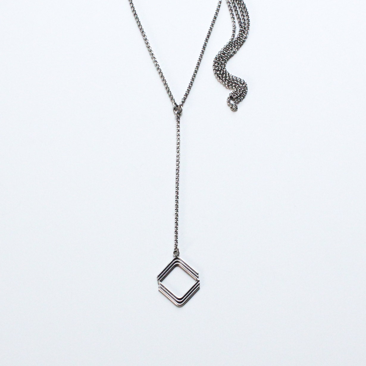 Geometric Diamond Shaped Silver Pendant Hanging off a Long - Etsy