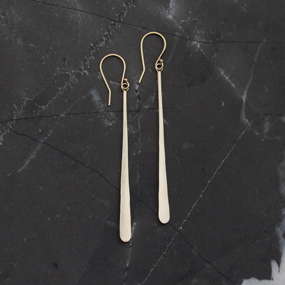 Long Gold Dangle Earrings Handmade of Solid 14K Yellow Gold Hammered ...