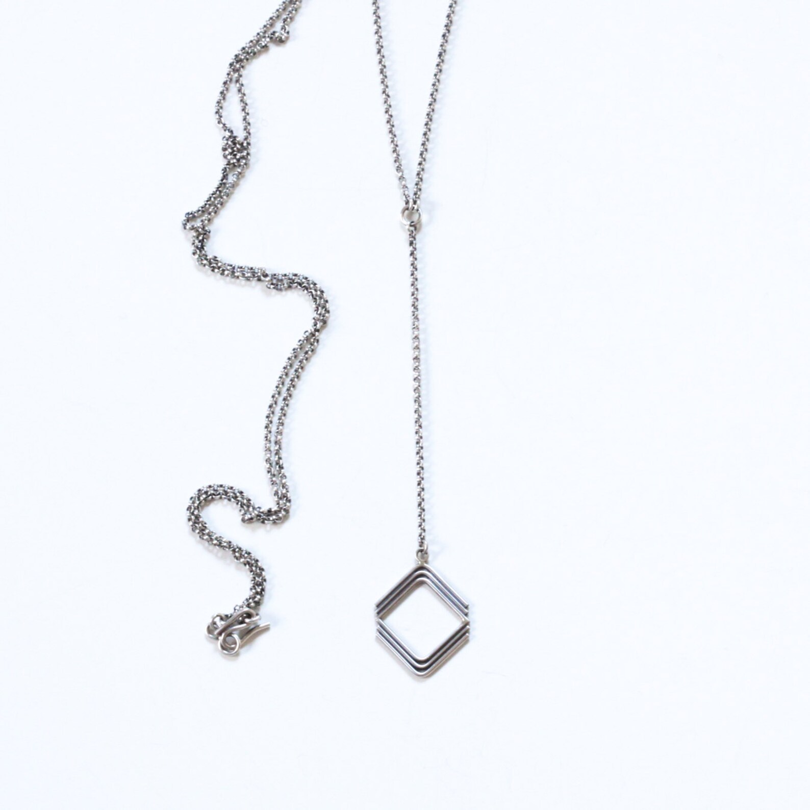 Geometric Diamond Shaped Silver Pendant Hanging off a Long | Etsy