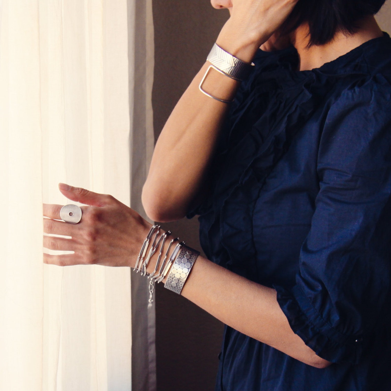 Modern silver ring handmade with a round textured silver | Etsy