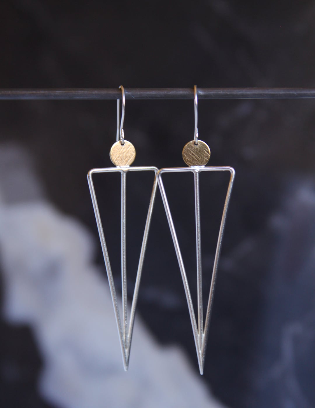 Sleek and Striking Long Geometric Silver Earrings, Triangular Open Wire ...