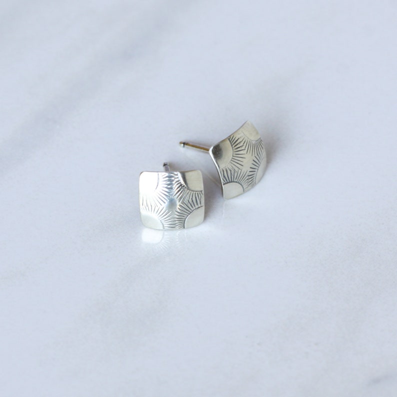 Tiny Sterling Silver Studs Modern Square Domed Shape Embossed | Etsy