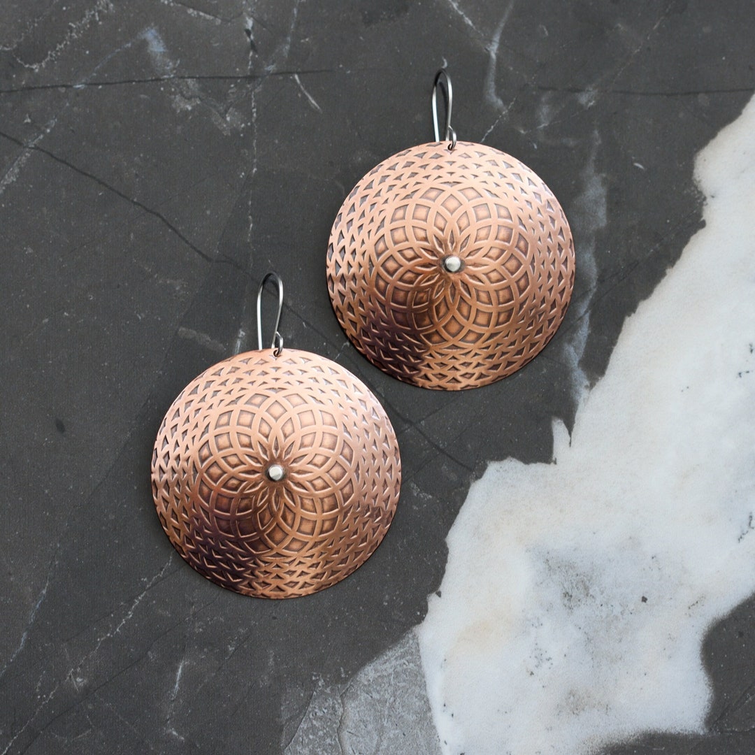 Rustic yet Modern Copper Earrings, Bold Large Round Slightly Domed ...
