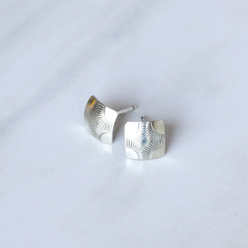 Tiny Sterling Silver Studs Modern Square Domed Shape Embossed | Etsy