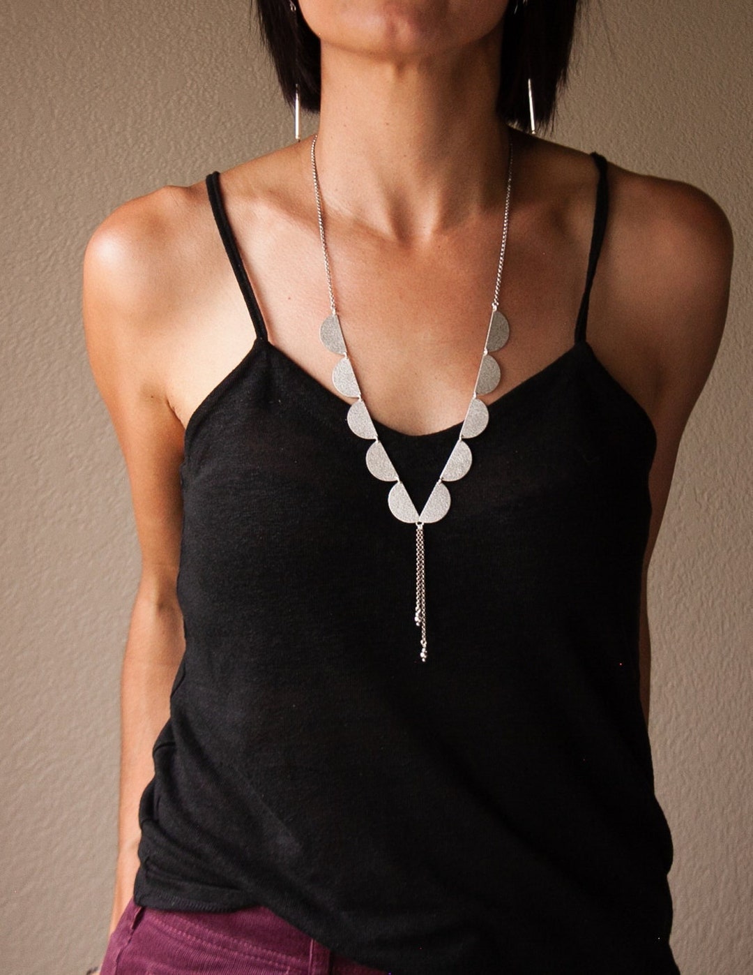 Long Length Silver Lariat Y Necklace, Streamlined Design of Half Moon ...